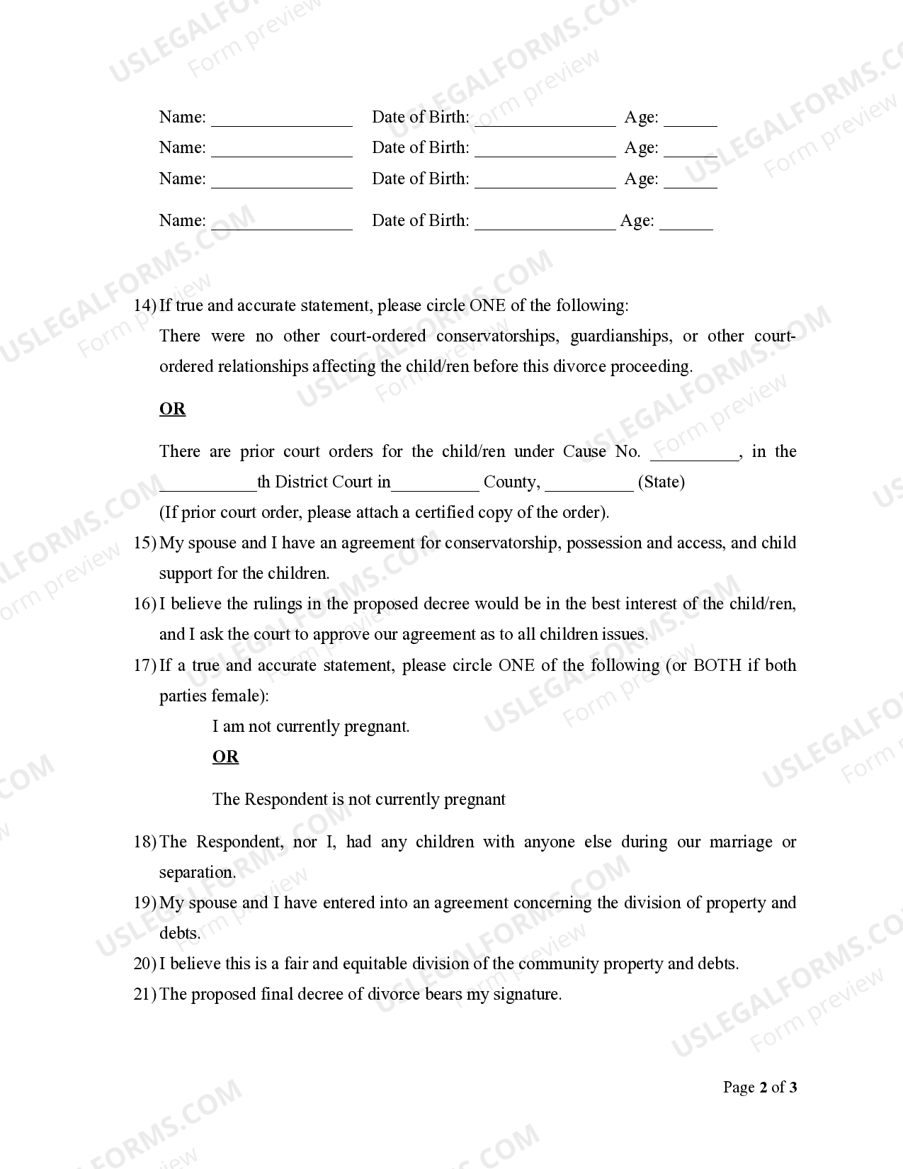 Texas Affidavit (Divorce -with Children) | US Legal Forms