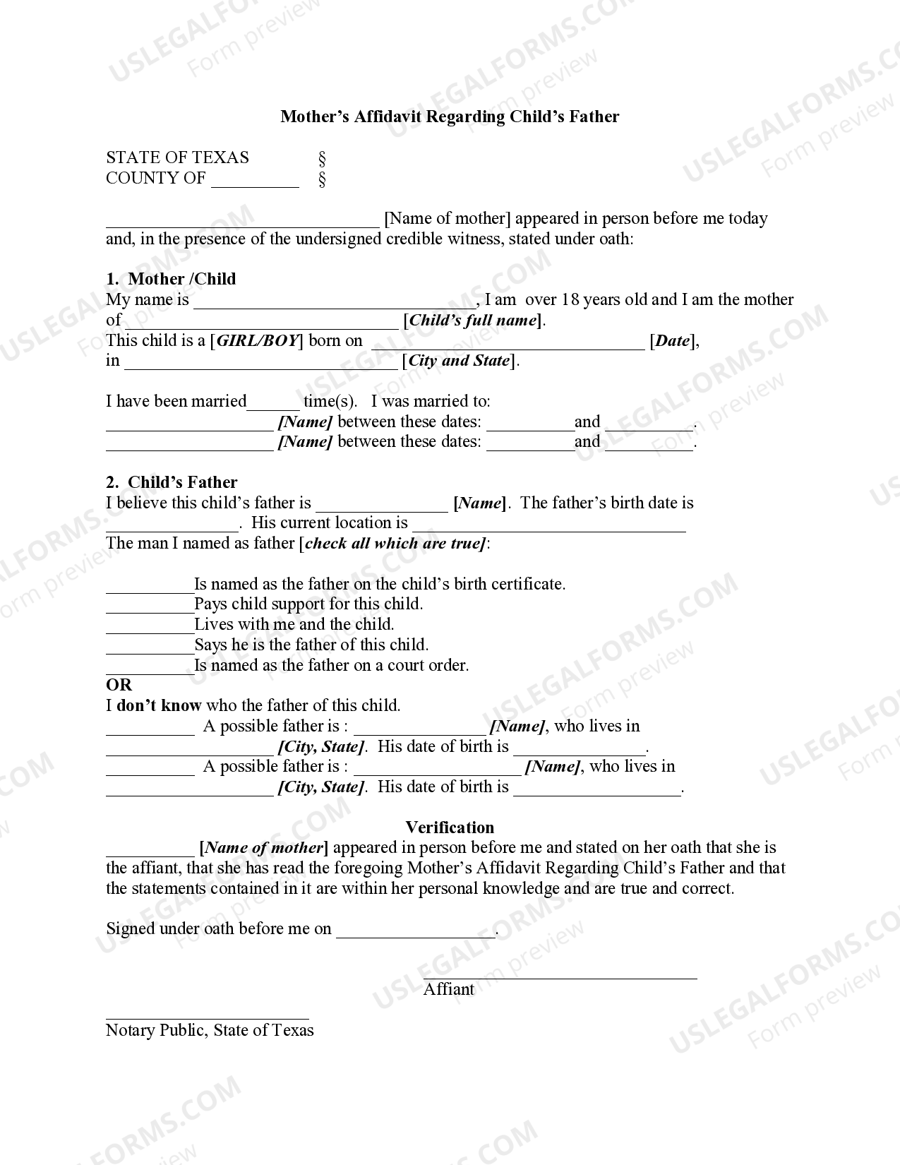 Texas Mother's Affidavit Regarding Child's Father - Affidavit Regarding Child | US Legal Forms