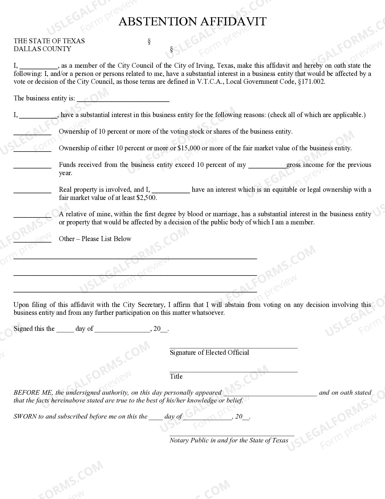 Texas Abstention Affidavit | US Legal Forms