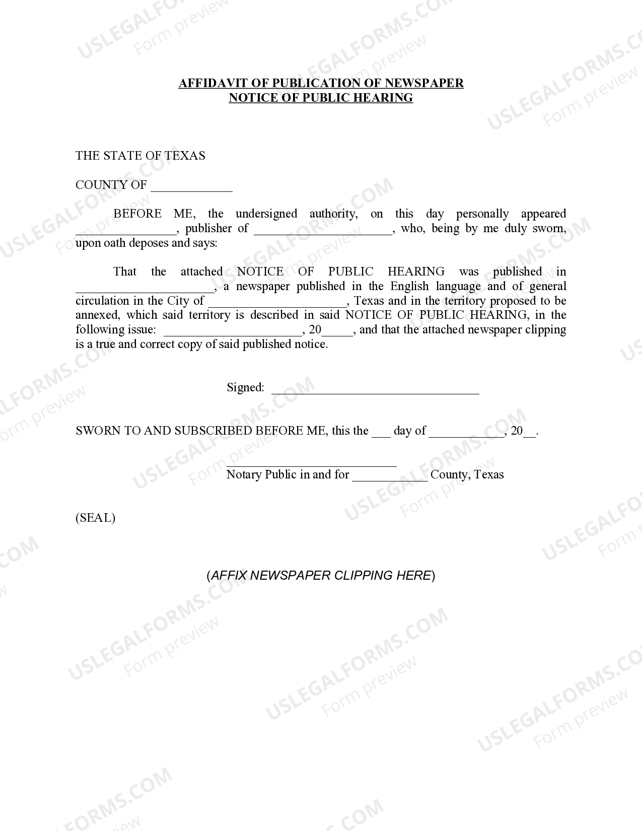 Texas Affidavit of Publication of Newspaper Notice of Public Hearing ...