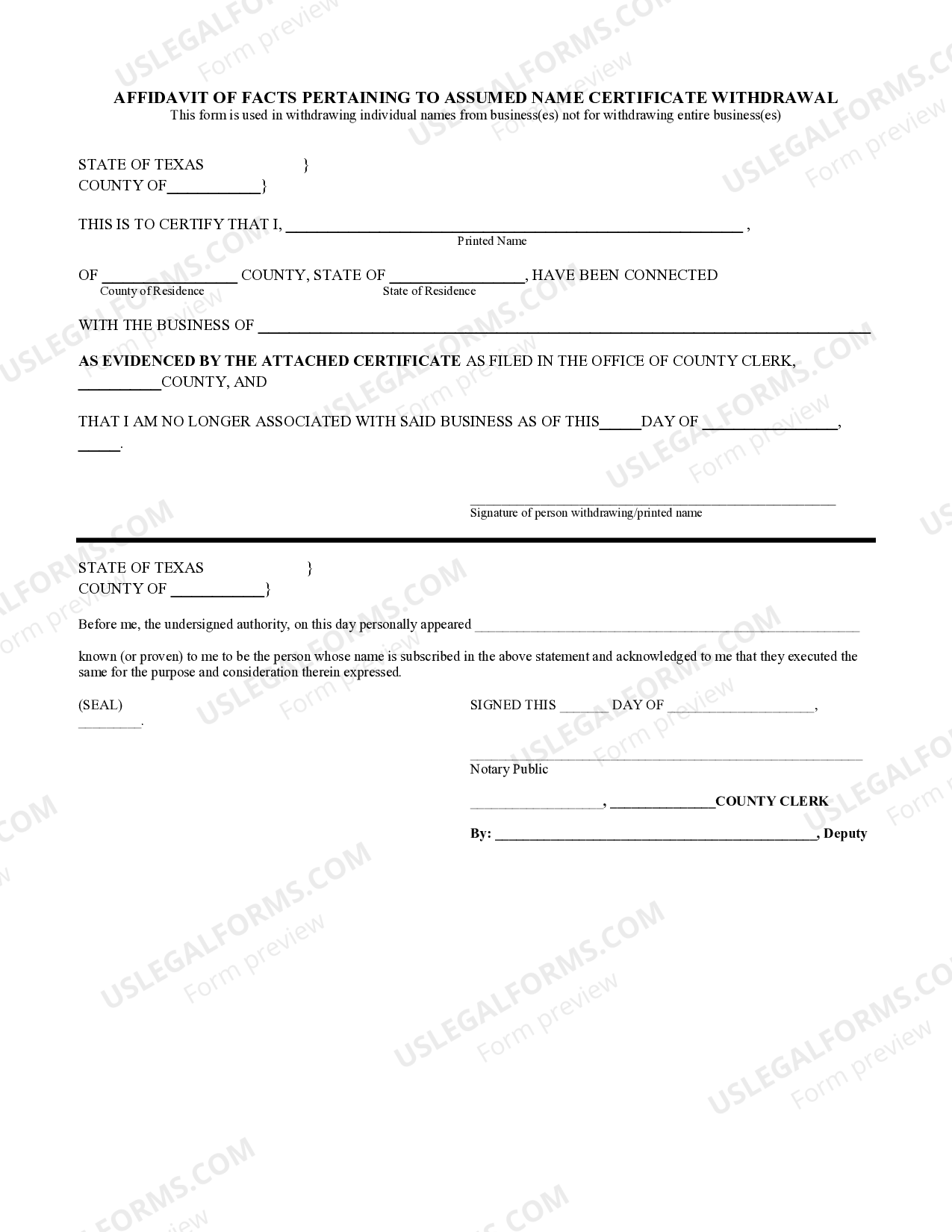 Texas Affidavit of Facts Pertaining to Assumed Name Certificate ...