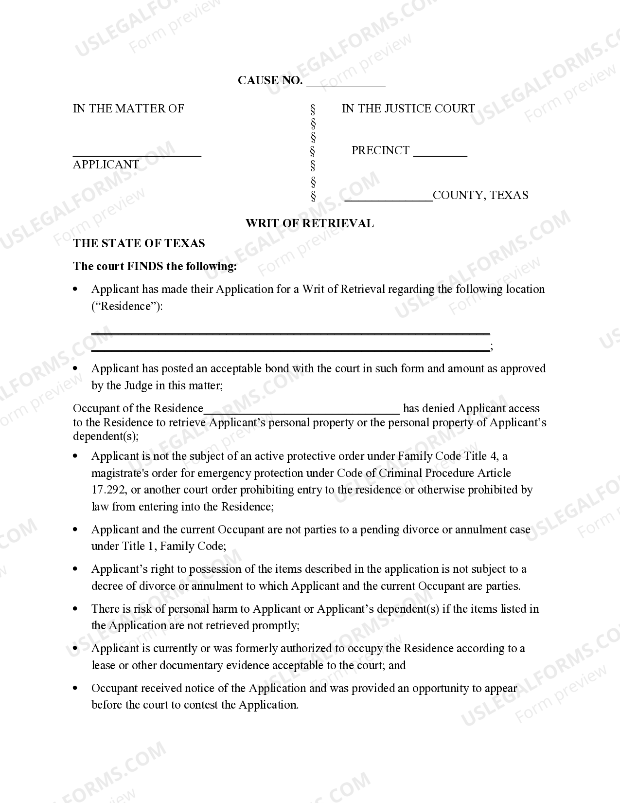 Texas Writ of Retrieval | US Legal Forms