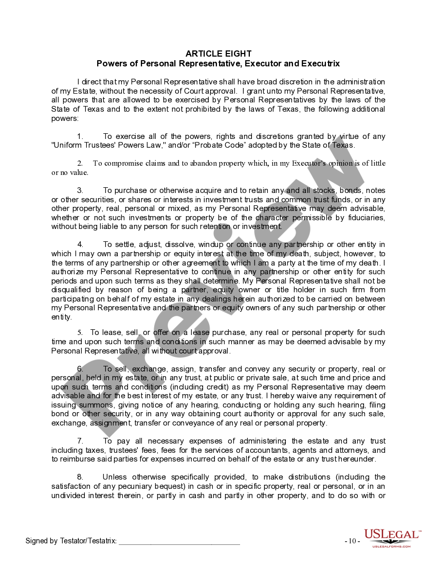 Texas Legal Last Will And Testament Form For Single Person With Adult 