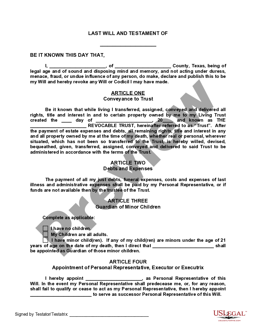 Texas Legal Last Will And Testament Form With All Property To Trust Called A Pour Over Will