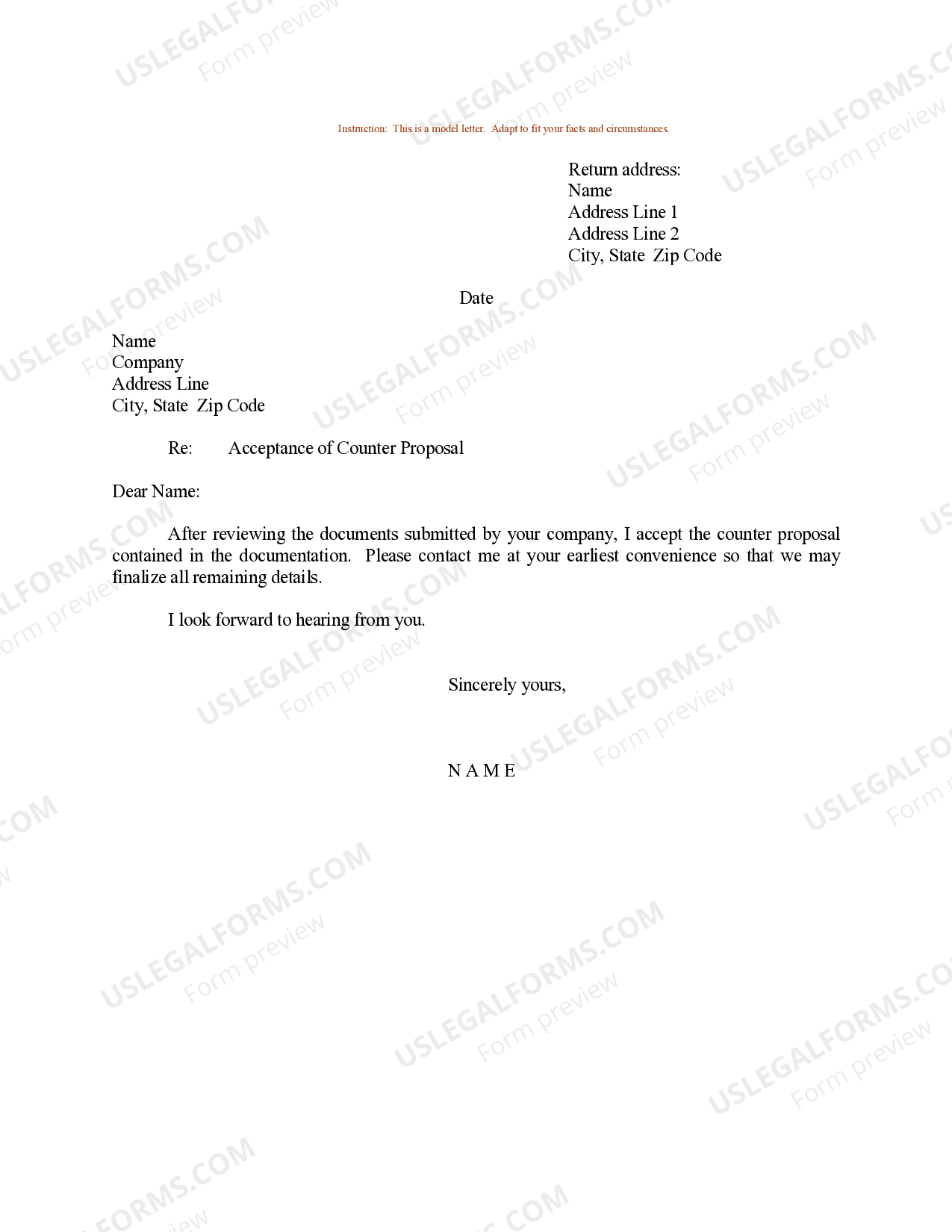 Tennessee Sample Letter for Acceptance of Counterproposal - Letter ...