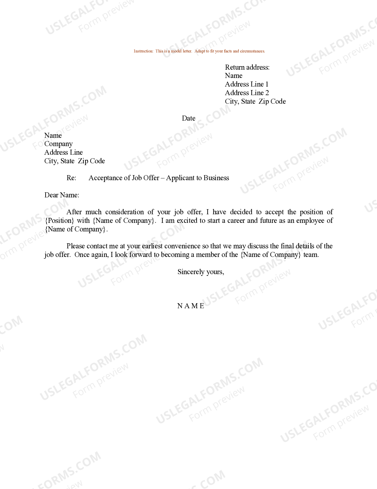 Montana Job Acceptance Letter for Translator | US Legal Forms