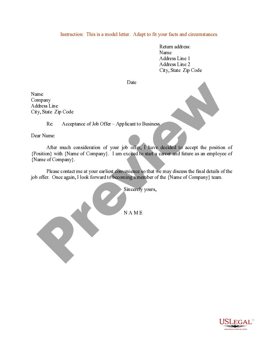 Alabama Job Acceptance Letter For HR Manager US Legal Forms