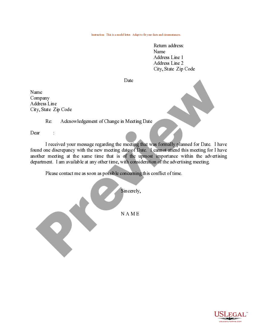 Kansas Sample Letter For Acknowledgment Of Change In Meeting Date 
