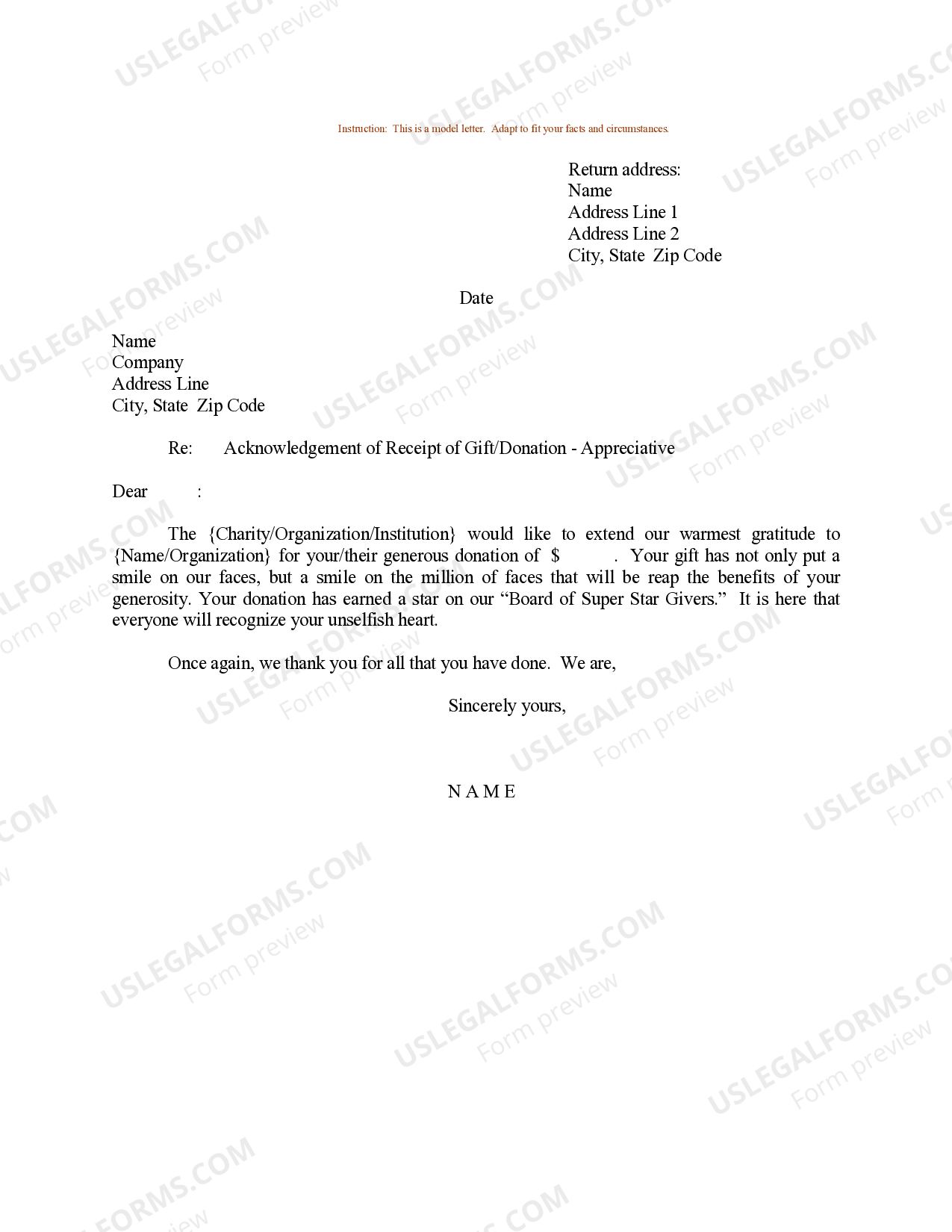 South Dakota Sample Letter for Acknowledgment of Receipt of Gift or ...