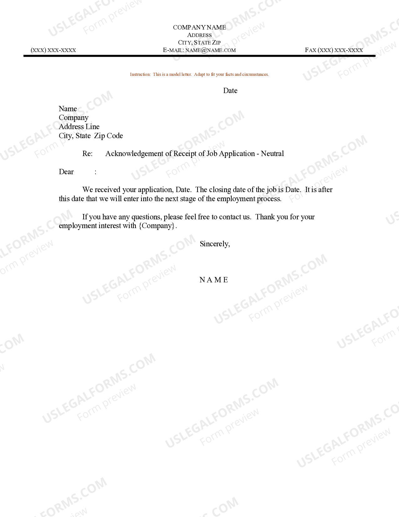 Maryland Sample Letter for Acknowledgment of Receipt of Job Application ...