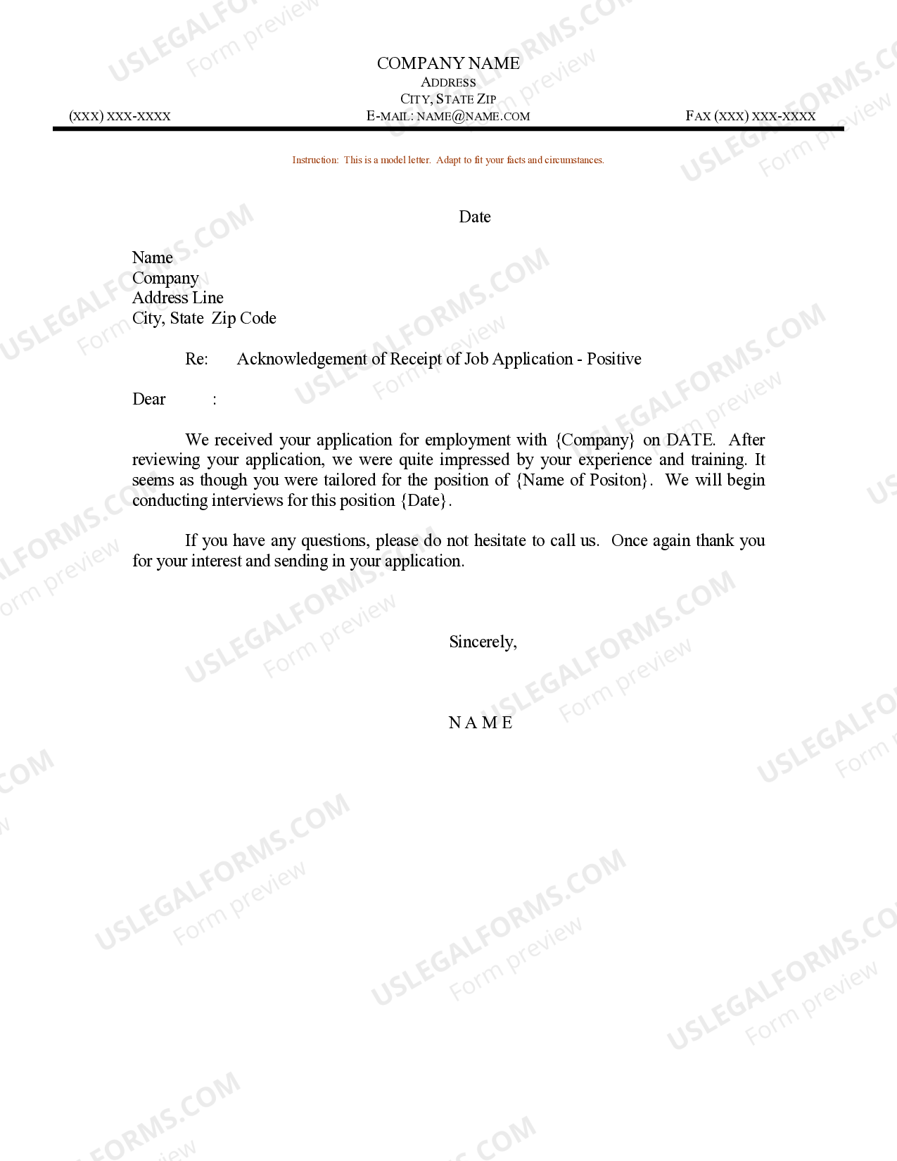 New Jersey Sample Letter for Acknowledgment of Receipt of Job ...