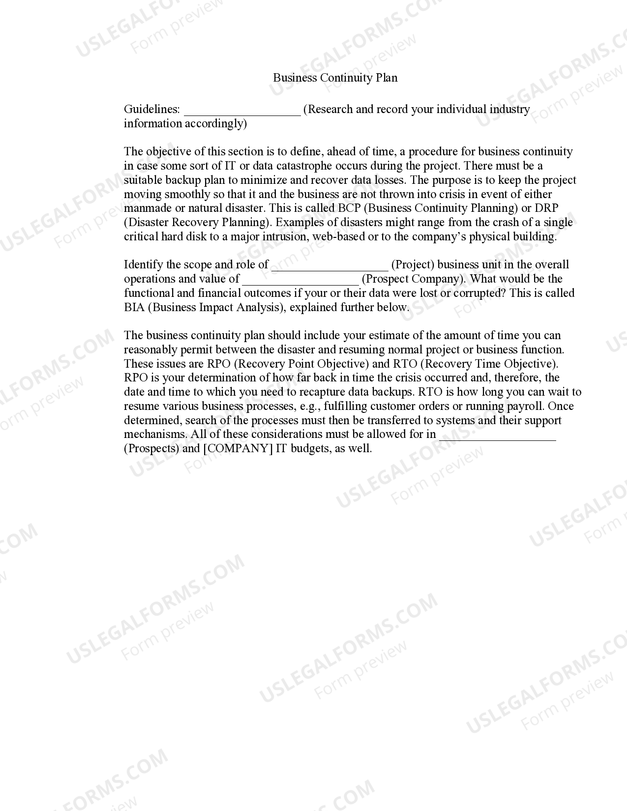 Business Continuity Plan | US Legal Forms