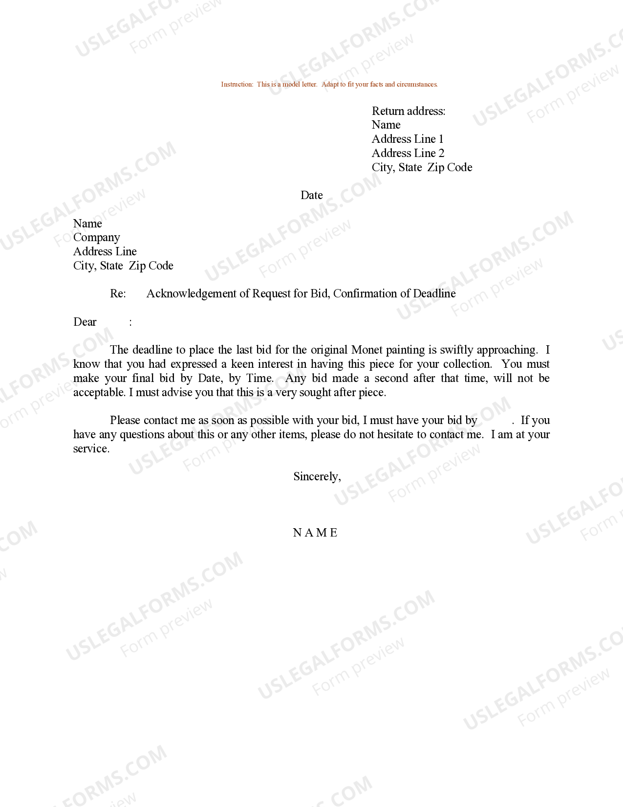 Nevada Sample Letter for Acknowledgment of Request for Bid - Request Bid | US Legal Forms