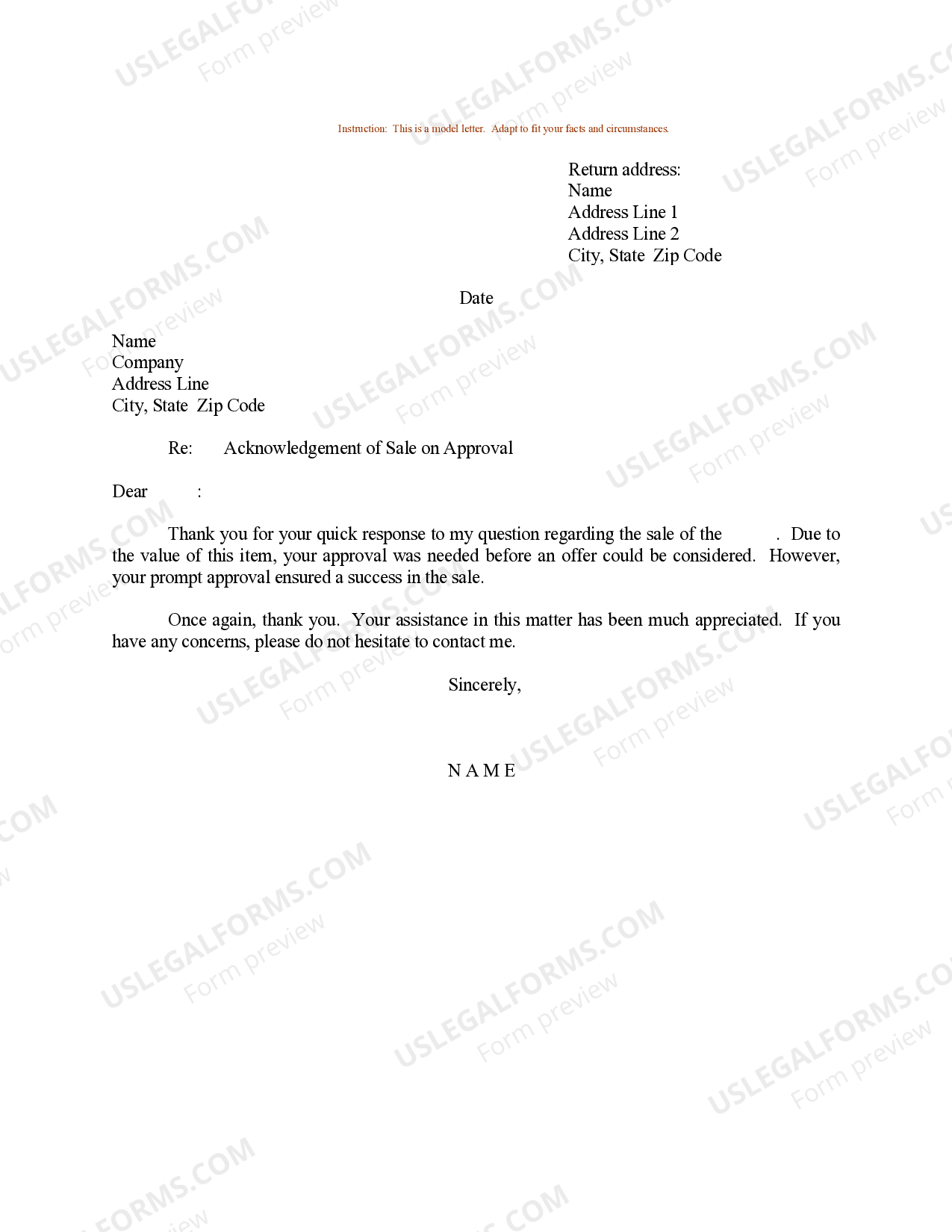 Sample Letter for Acknowledgment of Sale on Approval - Acknowledgment ...
