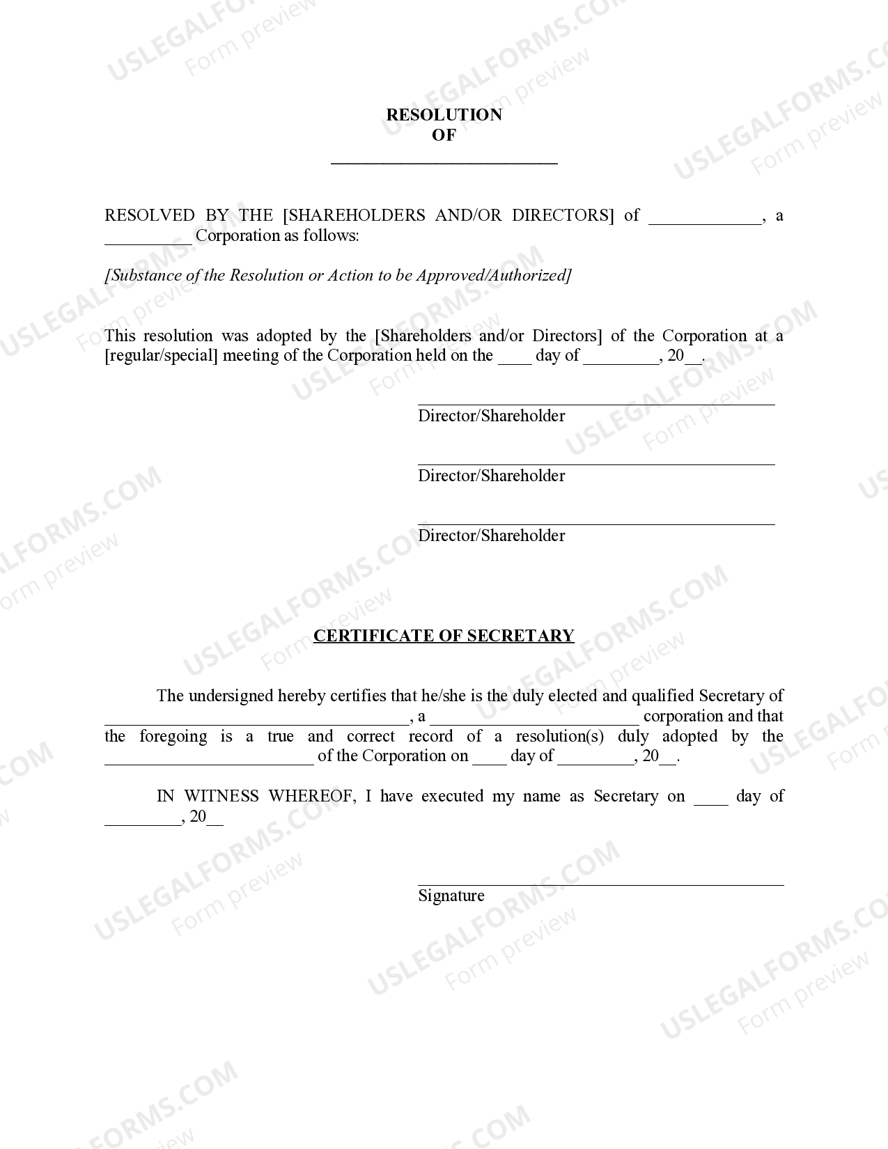 Georgia General - Resolution Form - Corporate Resolutions - Corporate ...