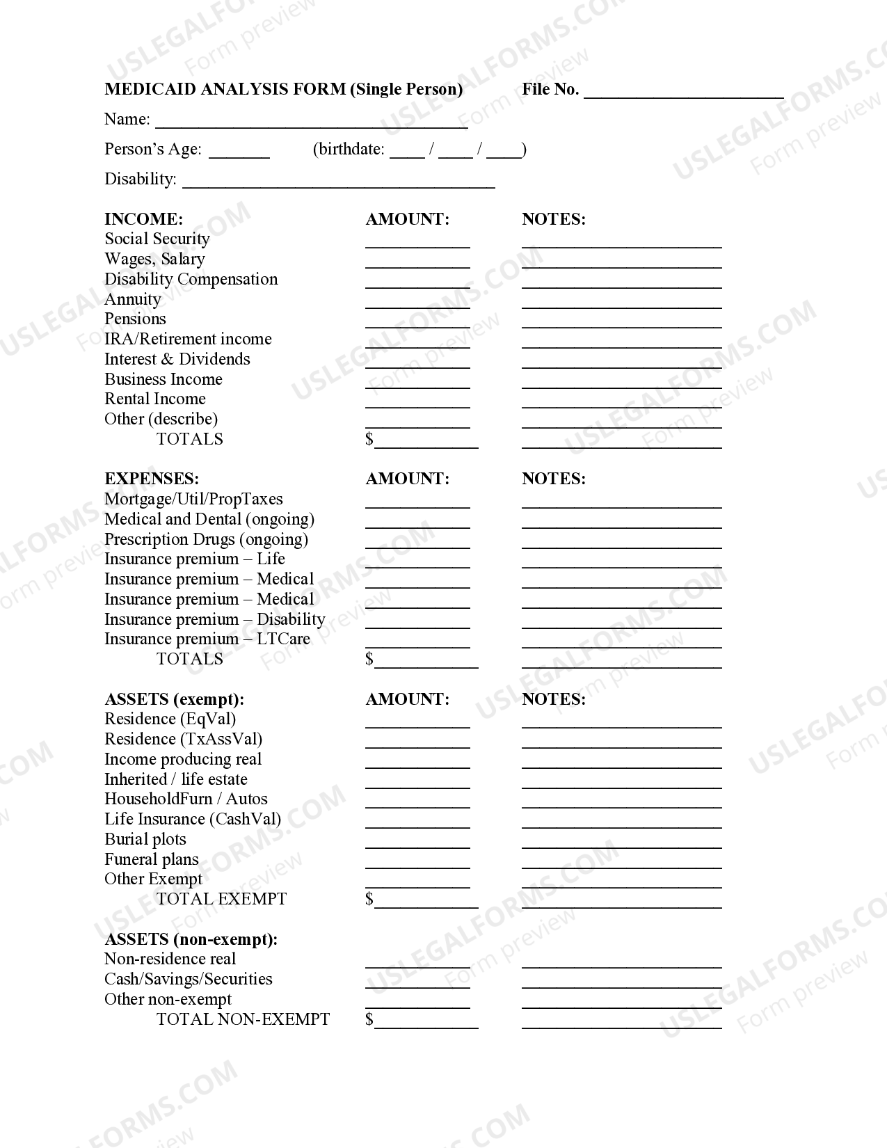 Medicaid Analysis Form (single) | US Legal Forms