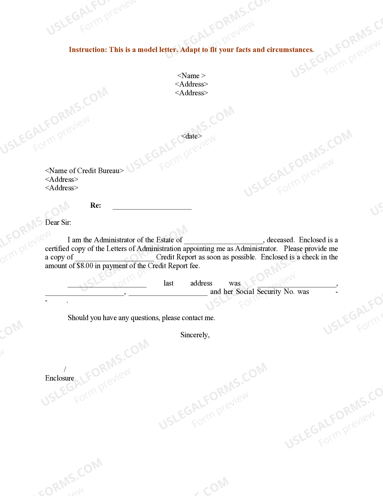 Sample Letter to Credit Bureau - Estate Administrator - Sample Letter ...