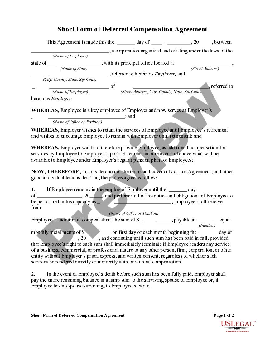 New Jersey Deferred Compensation Agreement Short Form Deferred 