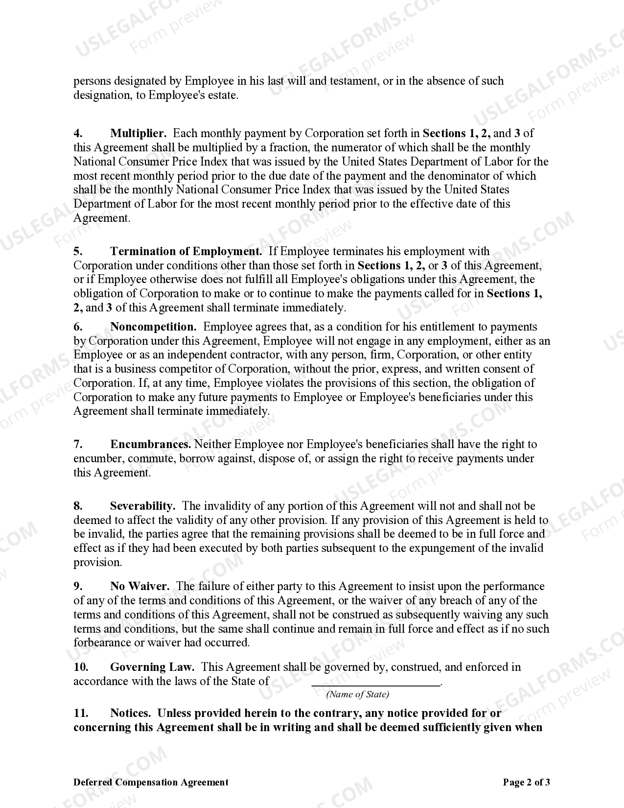 Deferred Compensation Agreement - Long Form | US Legal Forms
