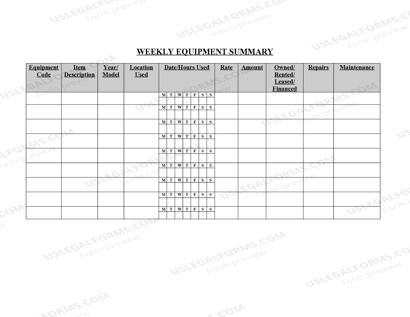 Vermont Contractor's Weekly Equipment Summary | US Legal Forms