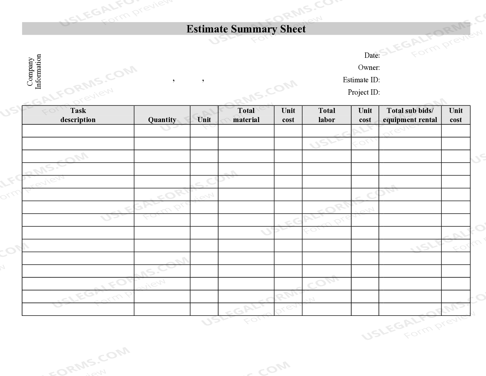 California Contractor's Summary of an Estimate - Contractors Estimate ...