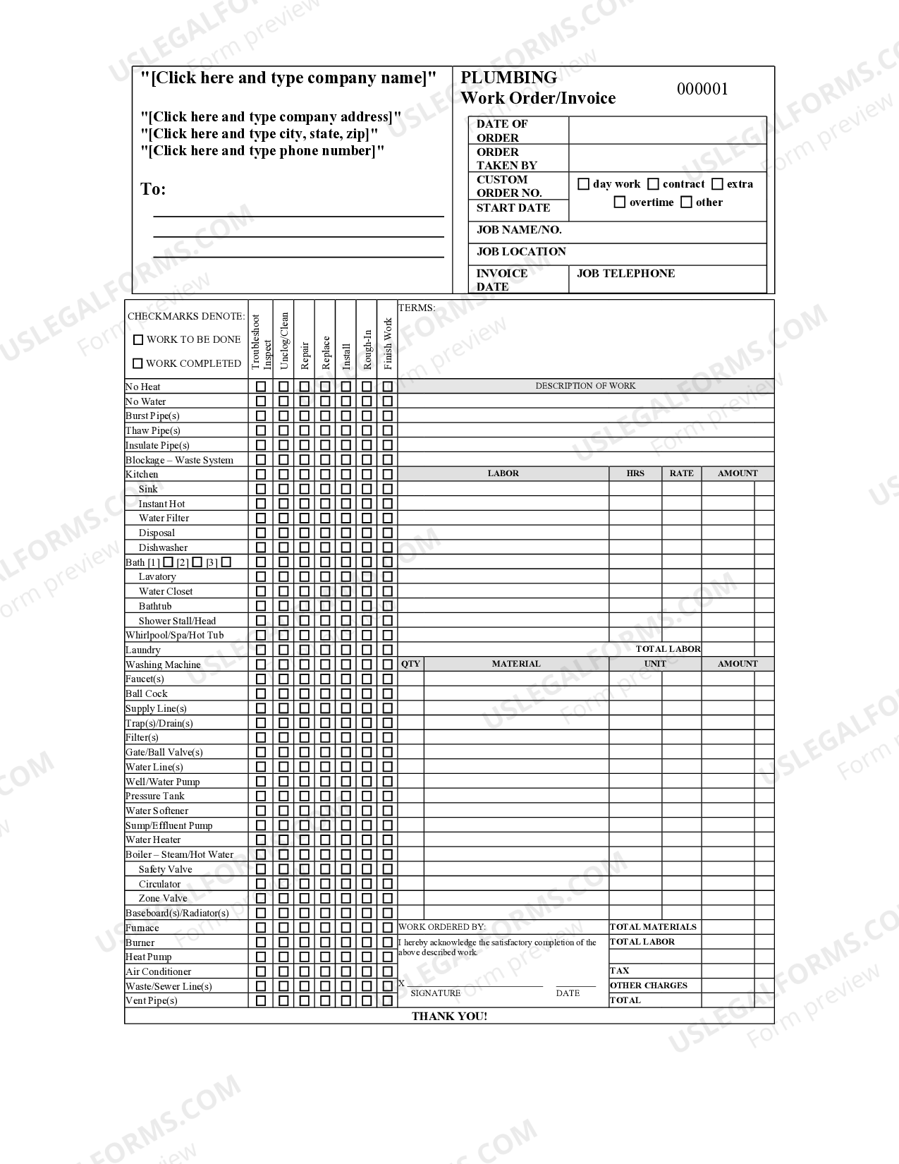 Plumber's Work Order - Invoice - Plumber Invoice | US Legal Forms