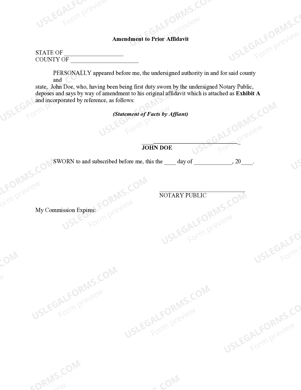 Amendment to Prior Affidavit - Amendment Affidavit | US Legal Forms