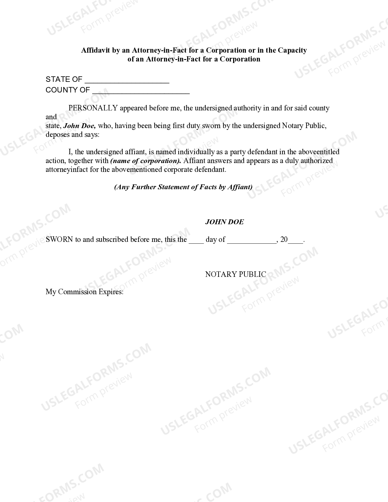 Affidavit by an Attorney-in-Fact for a Corporation or in the Capacity ...