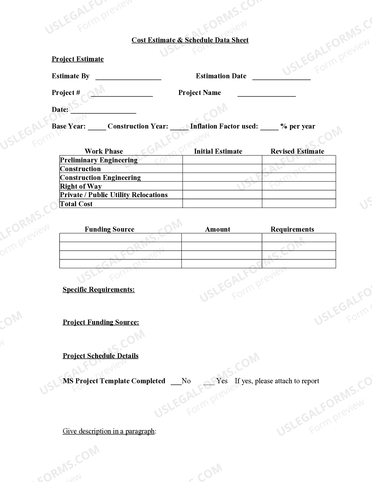 Cost Estimate and Schedule Data Sheet - Data Sheet | US Legal Forms