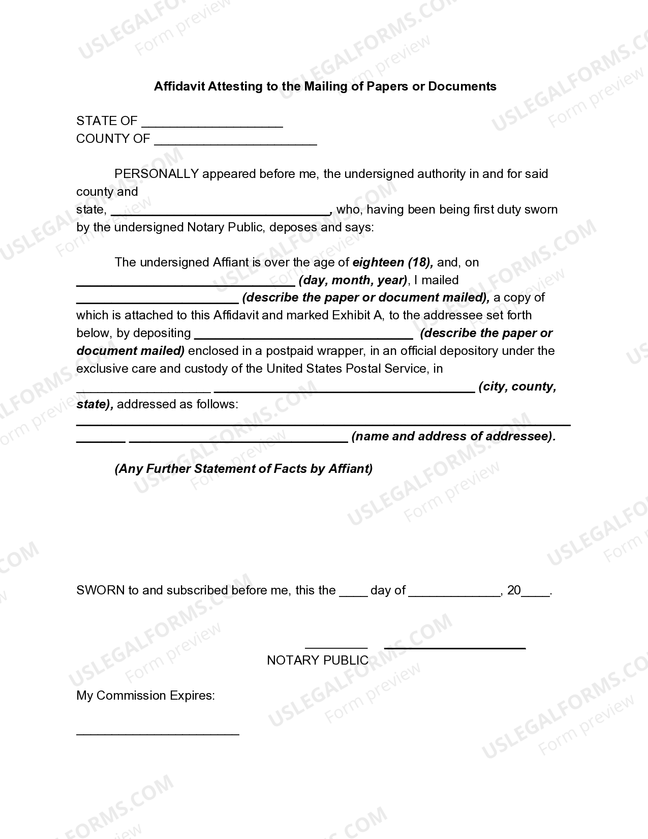 Affidavit Attesting to the Mailing of Papers or Documents - Attesting ...