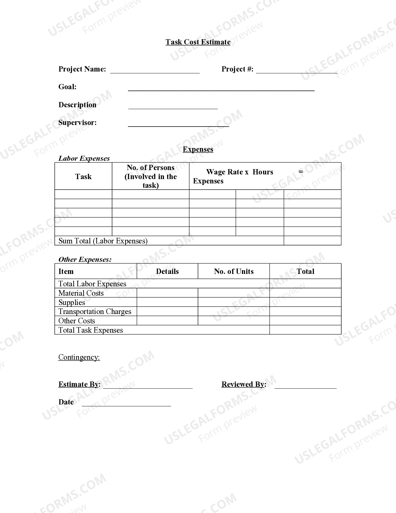 Task Cost Estimate | US Legal Forms