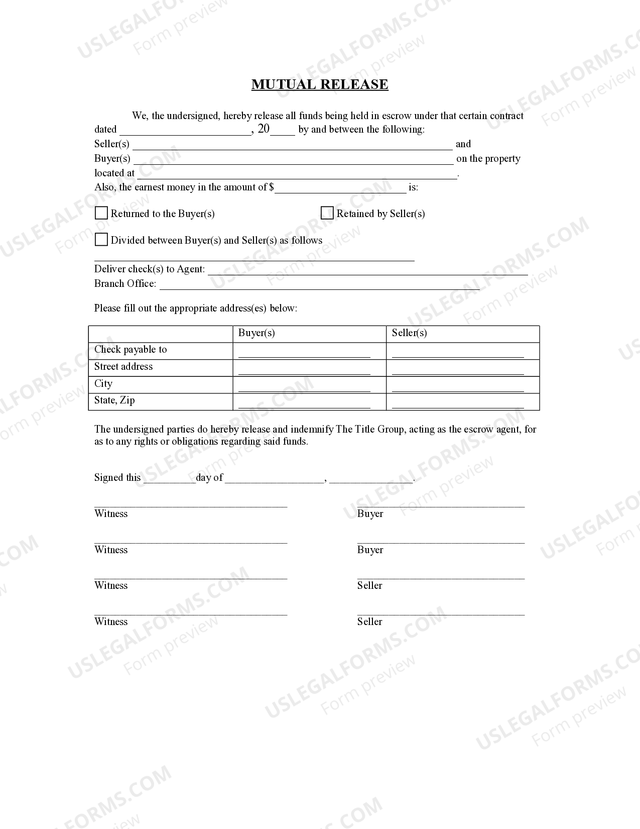 Mutual Release - Escrow Money | US Legal Forms