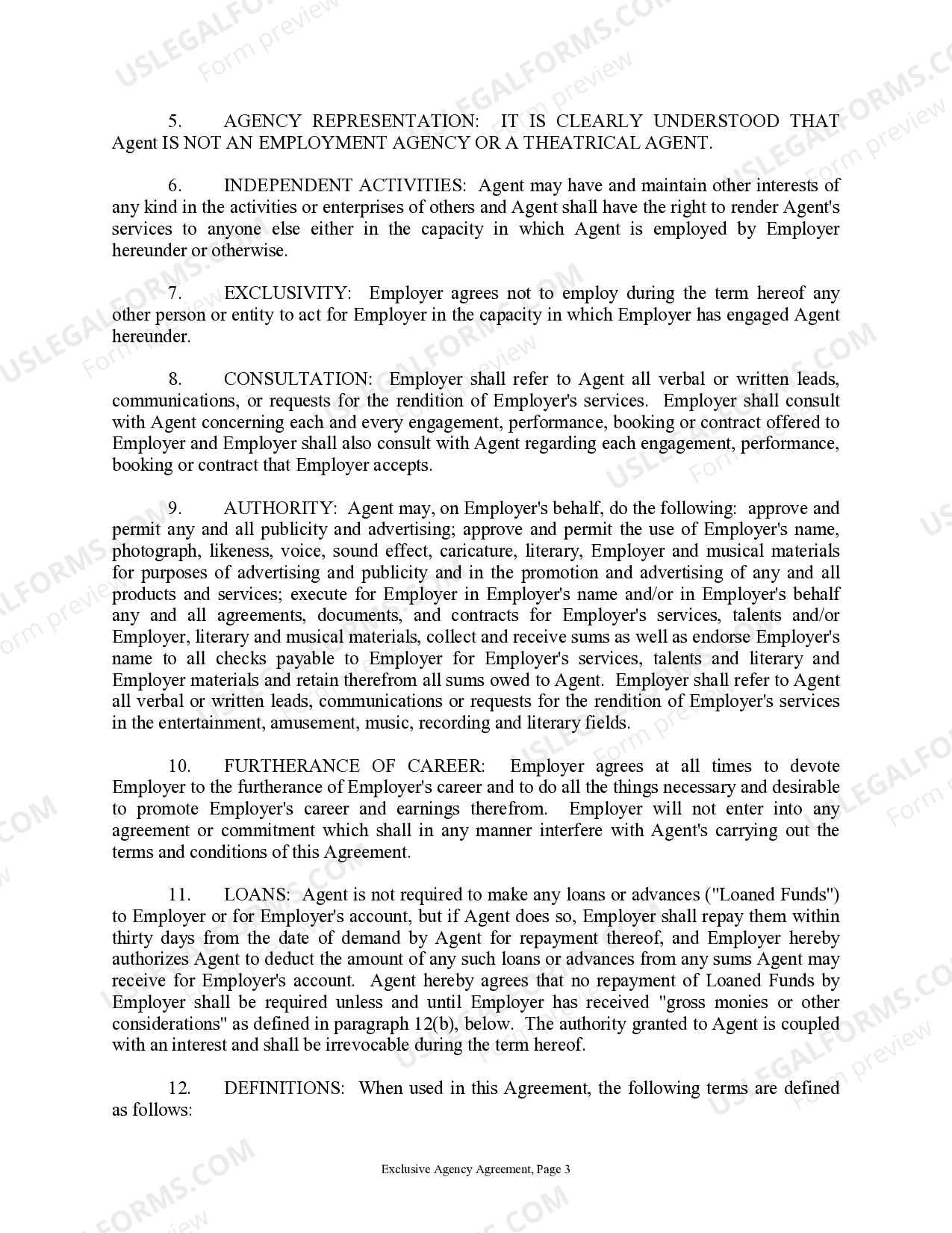 Exclusive Agency or Agent Agreement - General - Exclusive Agency ...