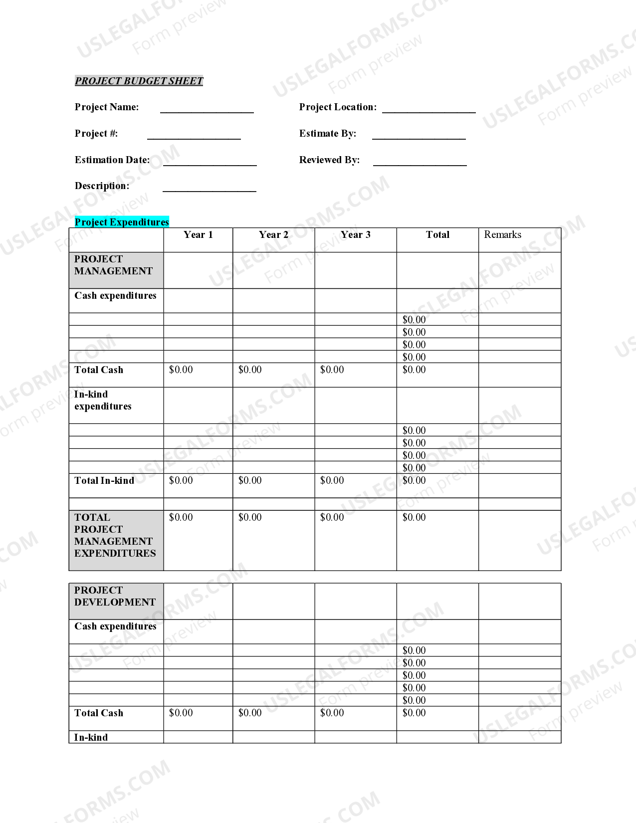 Project Budget Sheets | US Legal Forms