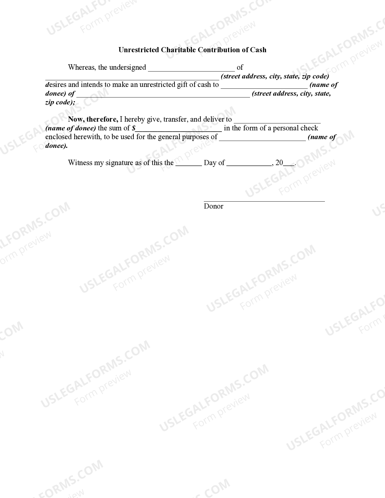 Unrestricted Charitable Contribution of Cash | US Legal Forms