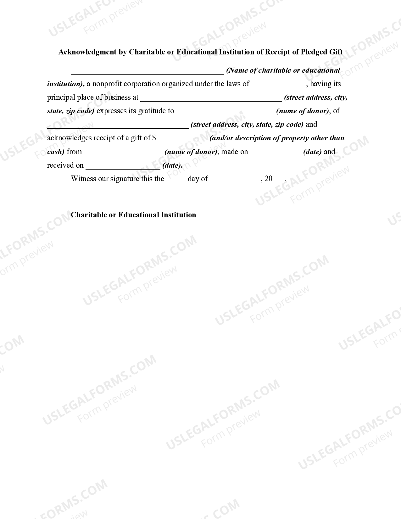 Acknowledgment by Charitable or Educational Institution of Receipt of ...