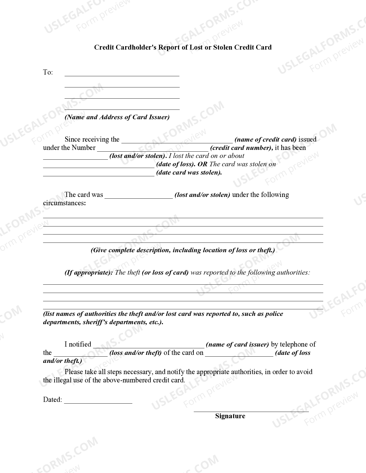 Credit Cardholder's Report of Lost or Stolen Credit Card | US Legal Forms