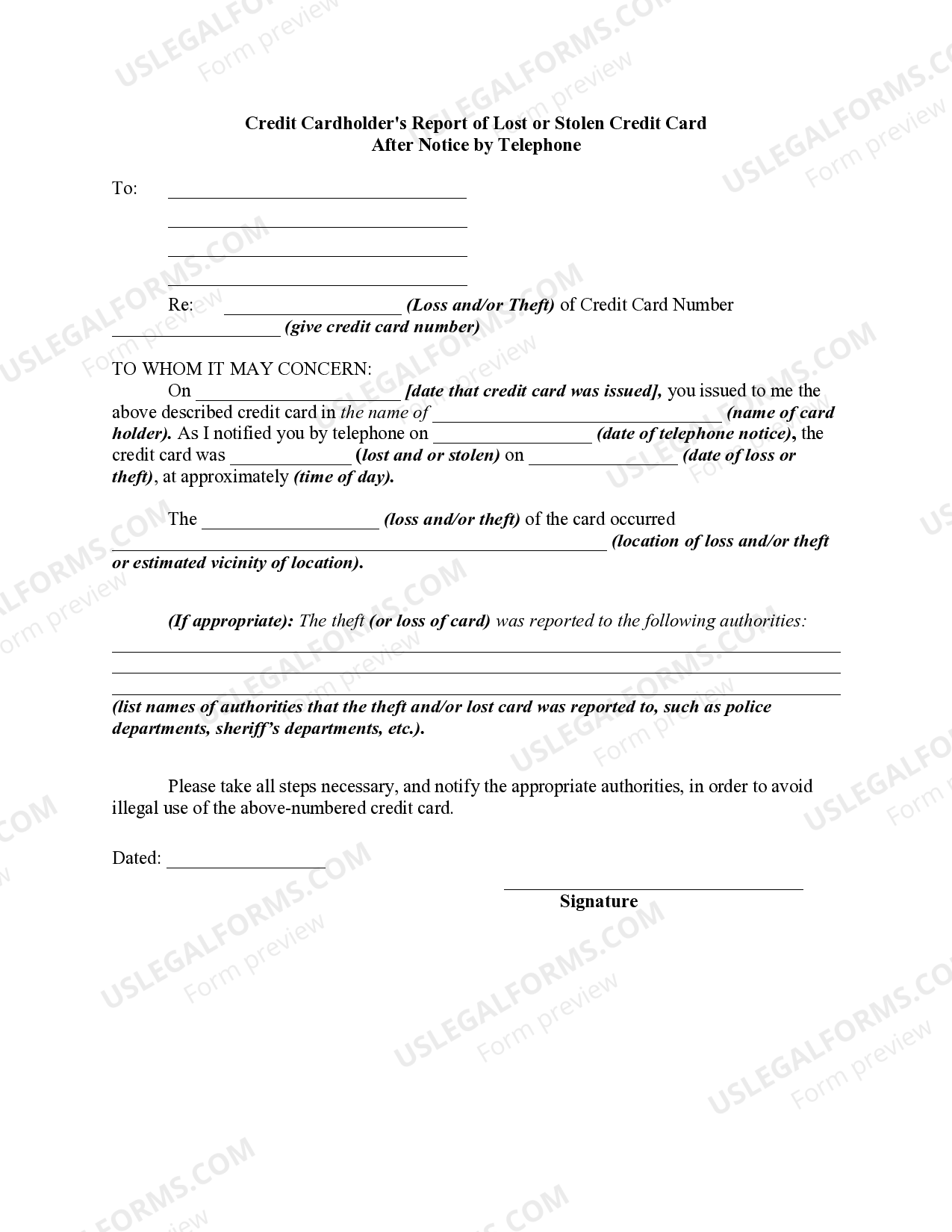 Credit Cardholder's Report of Lost or Stolen Credit Card After Notice ...