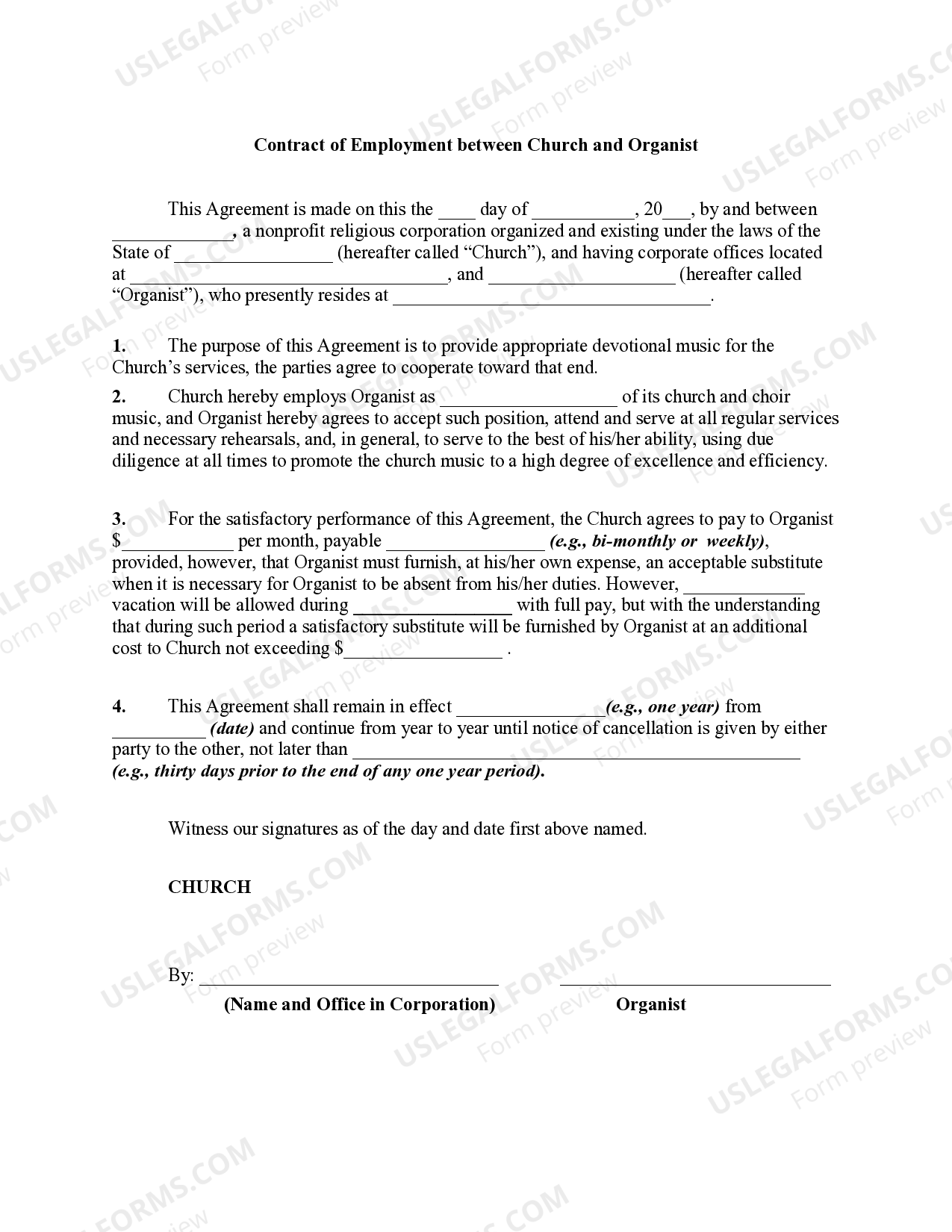 Oklahoma Contract of Employment between Church and Organist - Contract ...