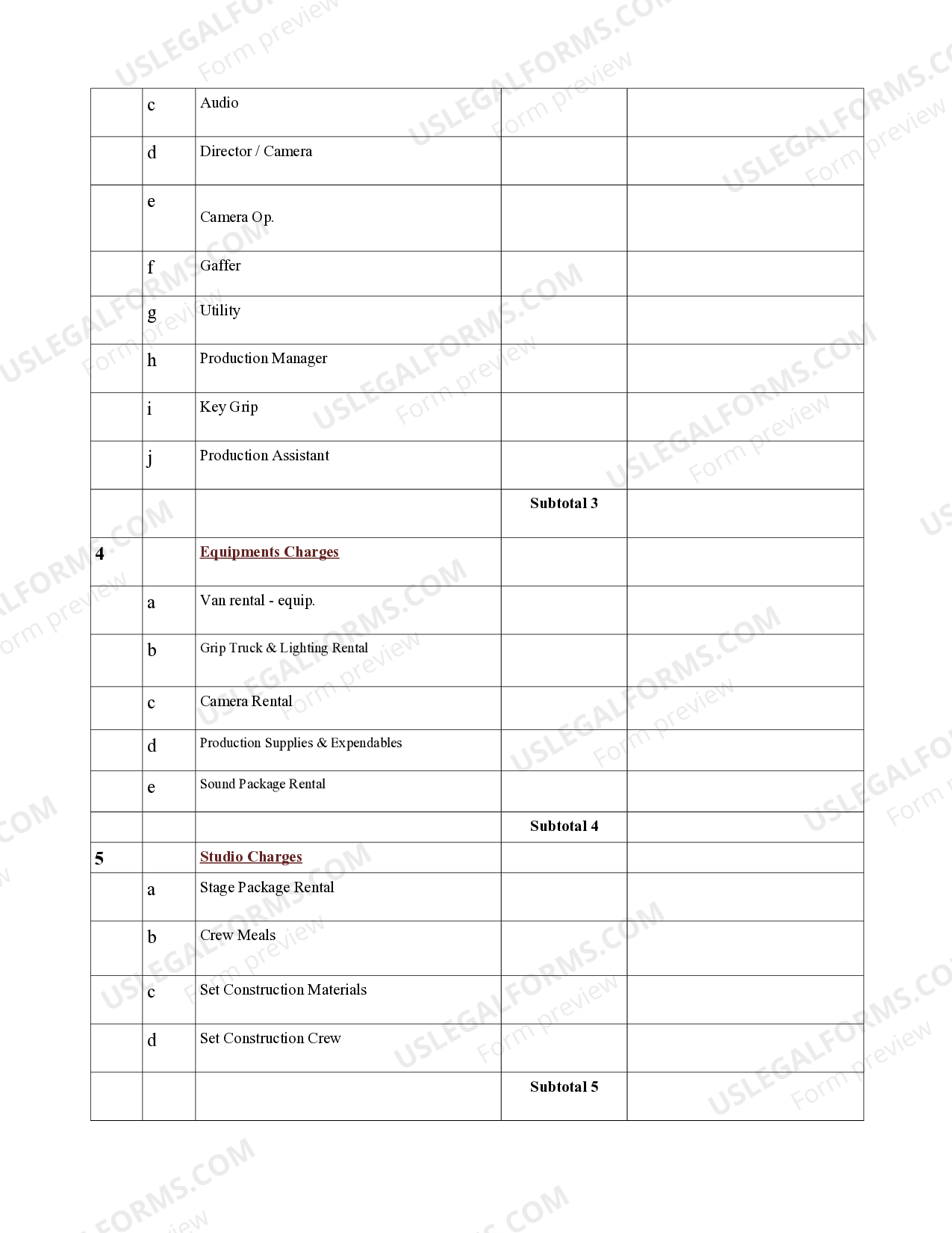 Production Cost Estimate | US Legal Forms