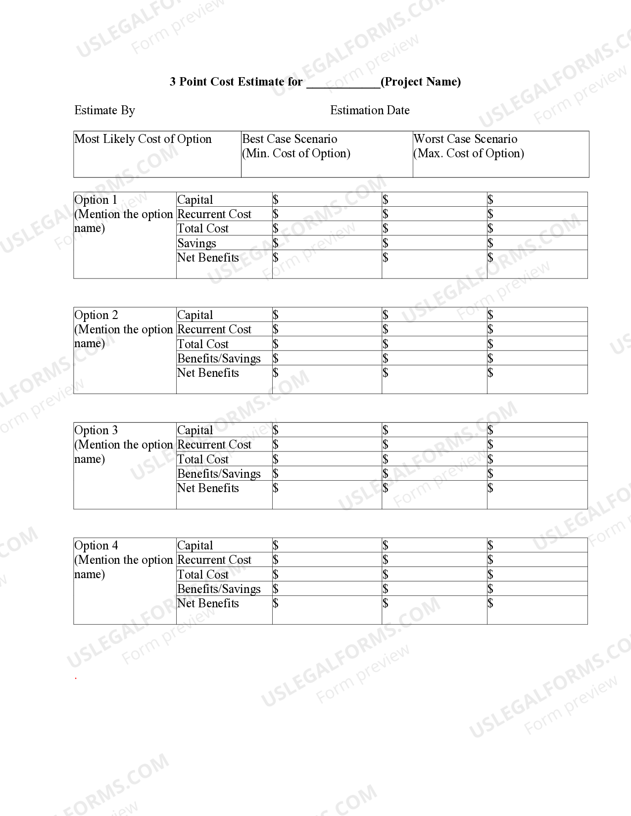 3-Point Cost Estimate Comparisons | US Legal Forms