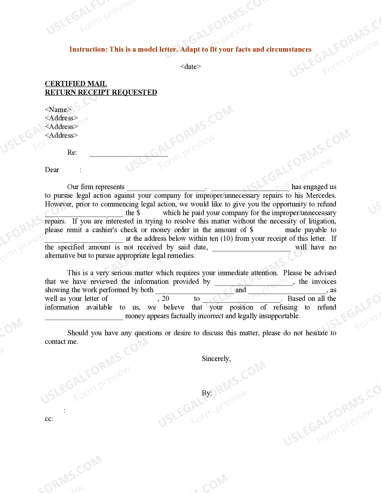 Sample Letter for Improper Vehicle Repairs - Letter Repairs | US Legal ...