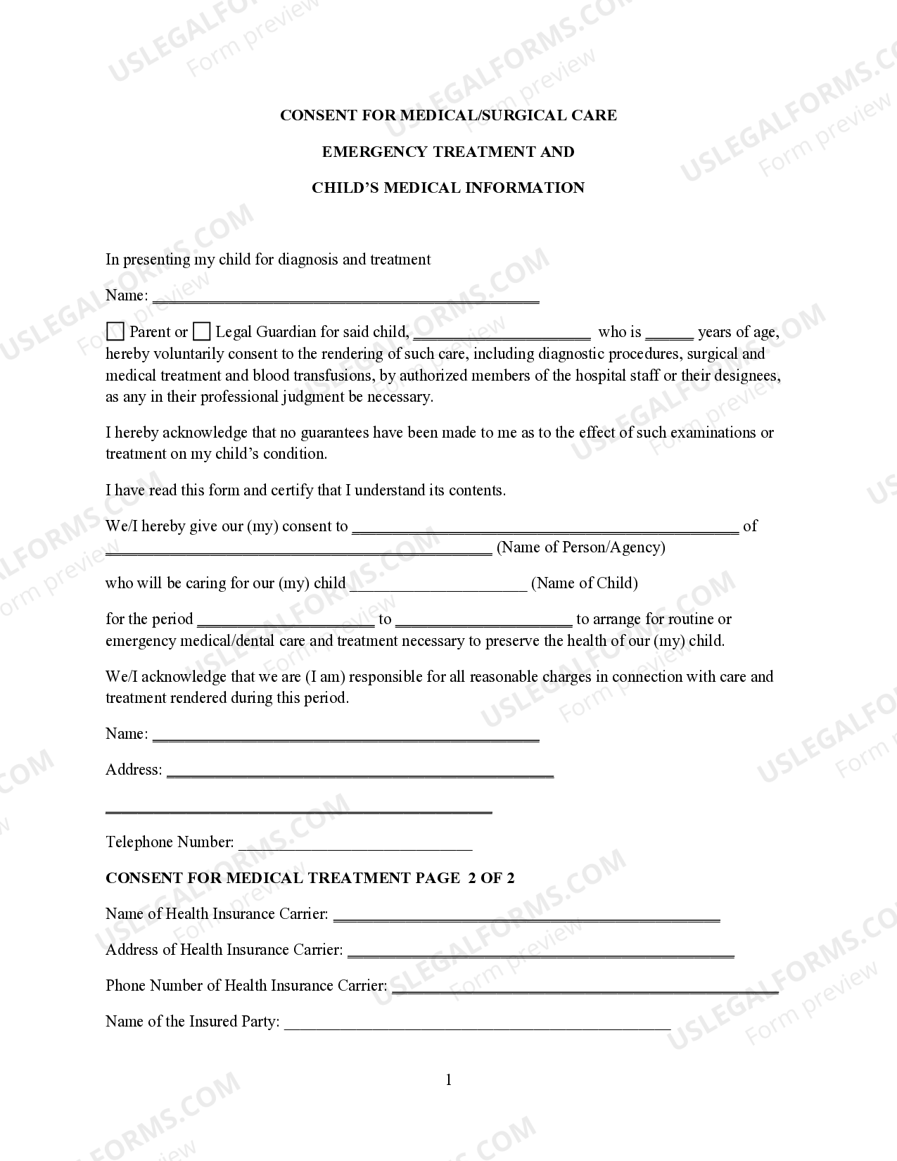 Consent for Medical - Surgical Care for a Minor Child | US Legal Forms