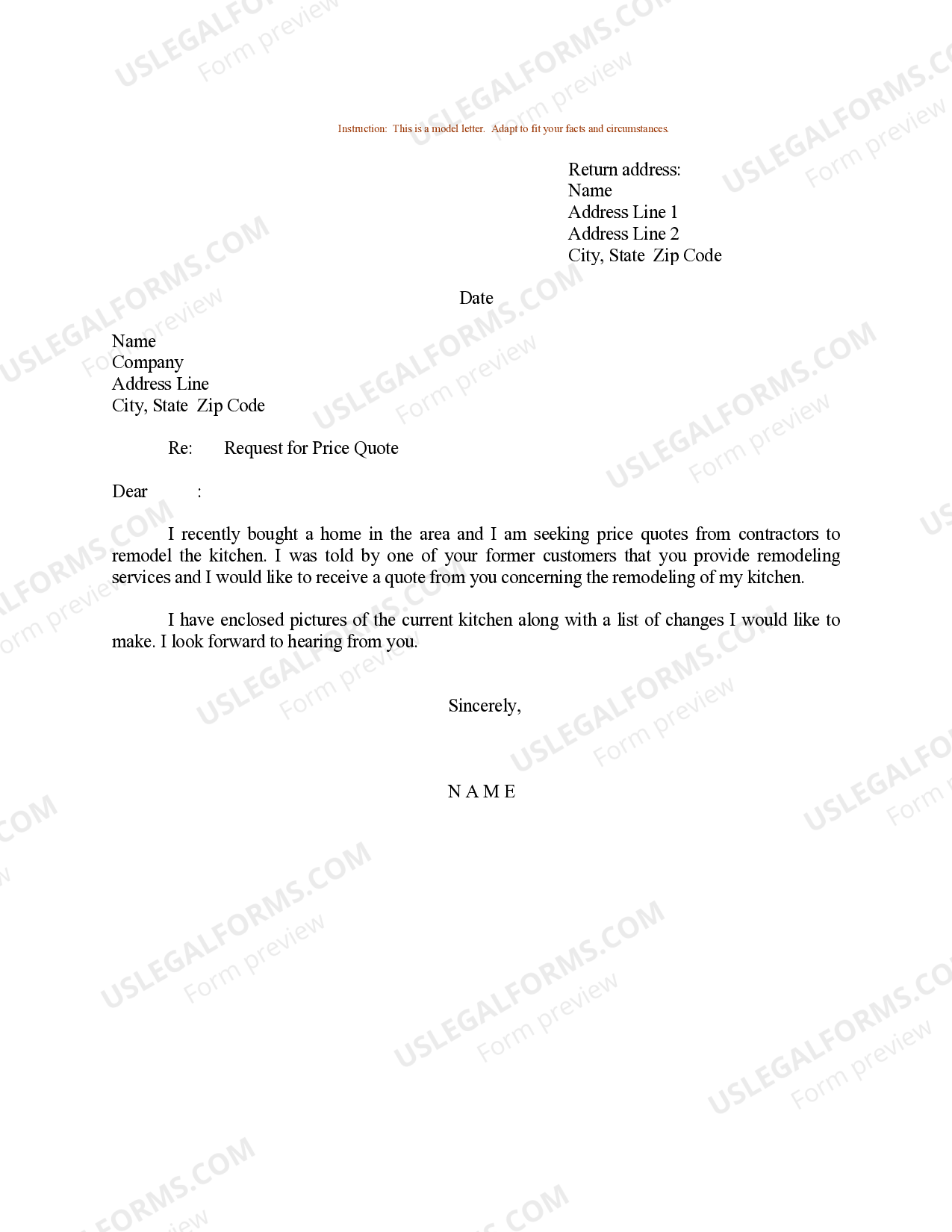 Sample Letter for Request for Price Quote - Sample Quote | US Legal Forms