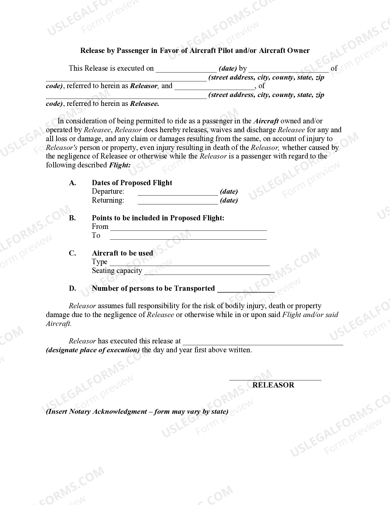 Florida Release by Passenger in Favor of Aircraft Pilot and / or ...