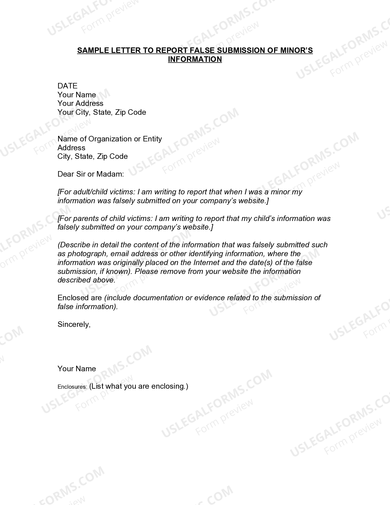 Sample Letter to Report False Submission of Minor's Information ...