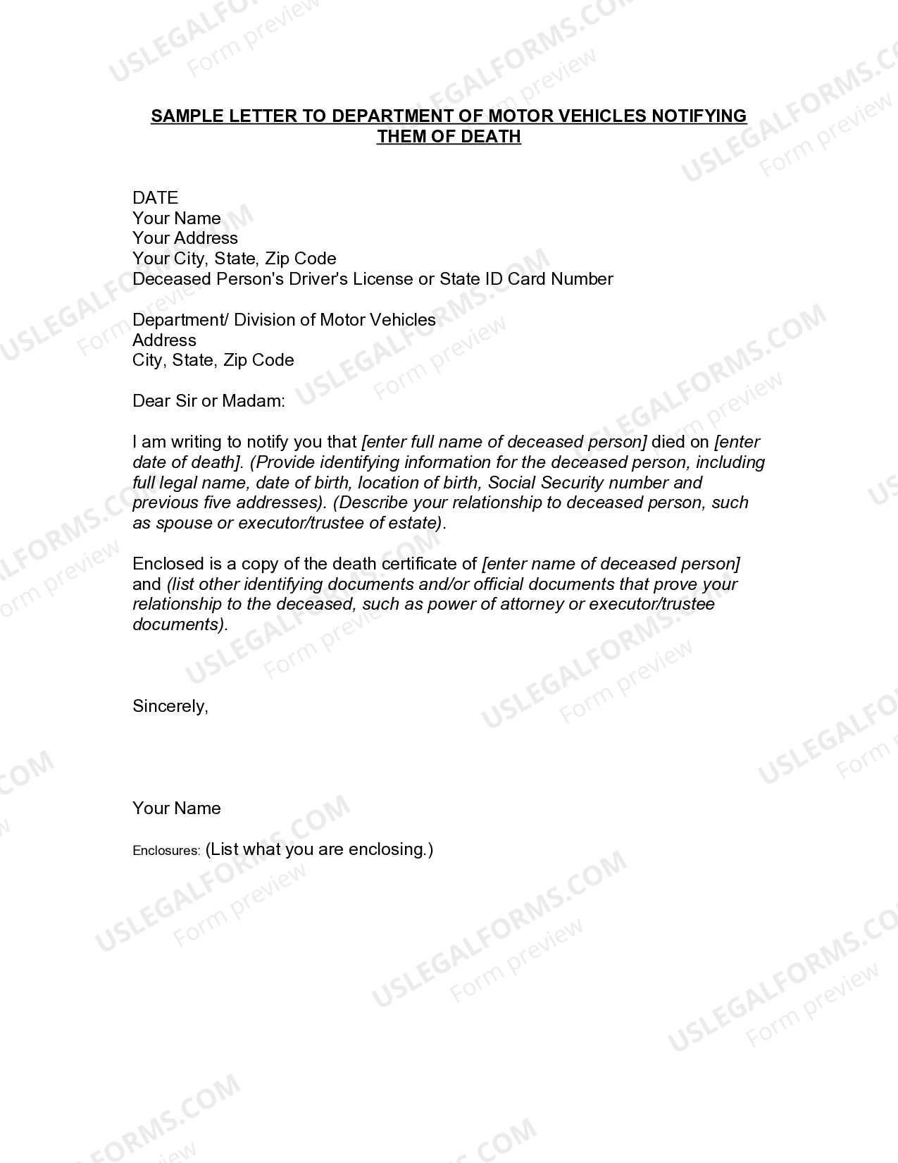 Letter to Department of Motor Vehicles Notifying Them of Death ...