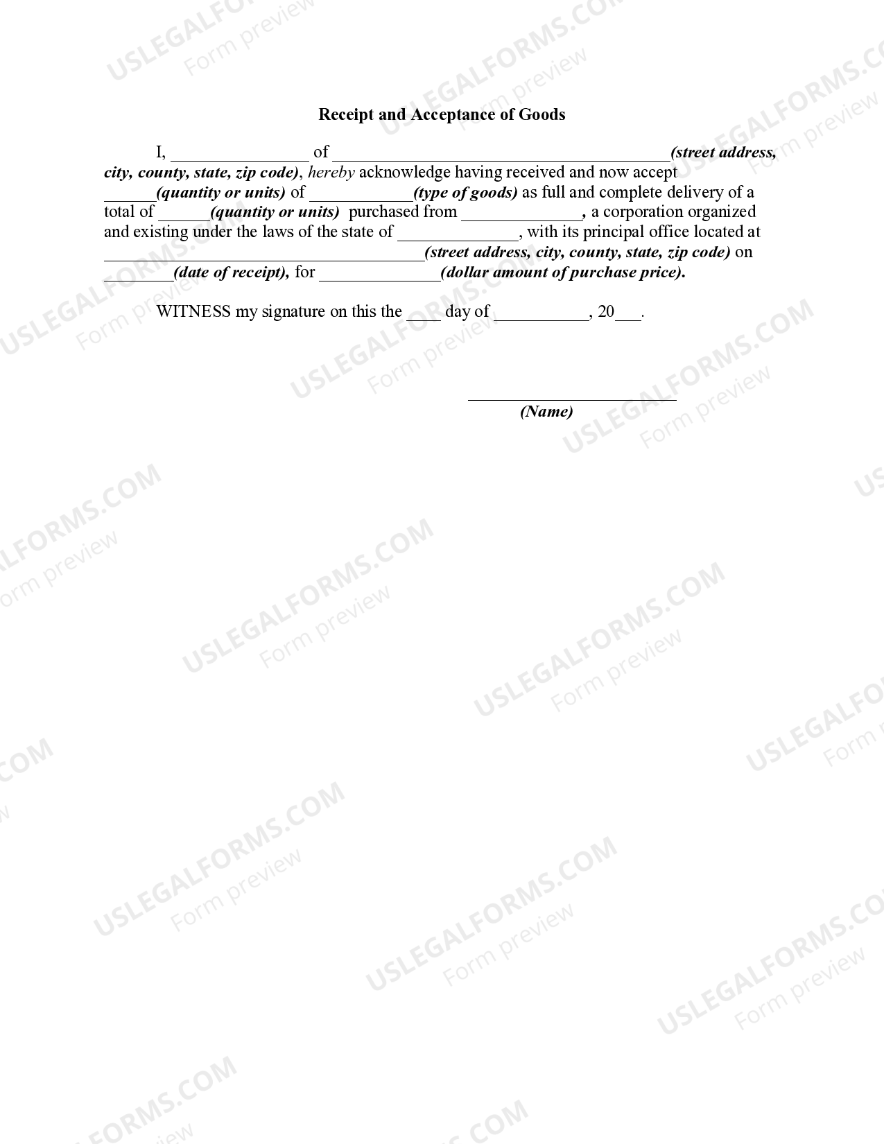 Receipt and Acceptance of Goods - Receipt Goods | US Legal Forms