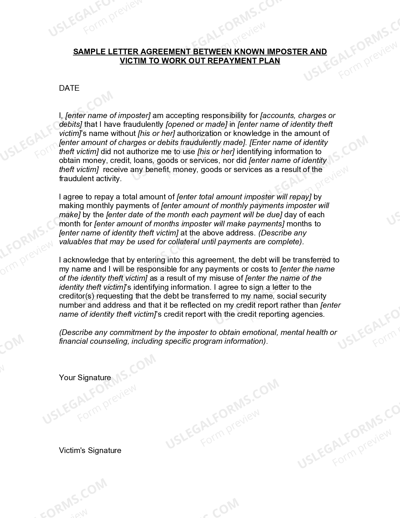 Letter Agreement Between Known Imposter and Victim to Work Out ...