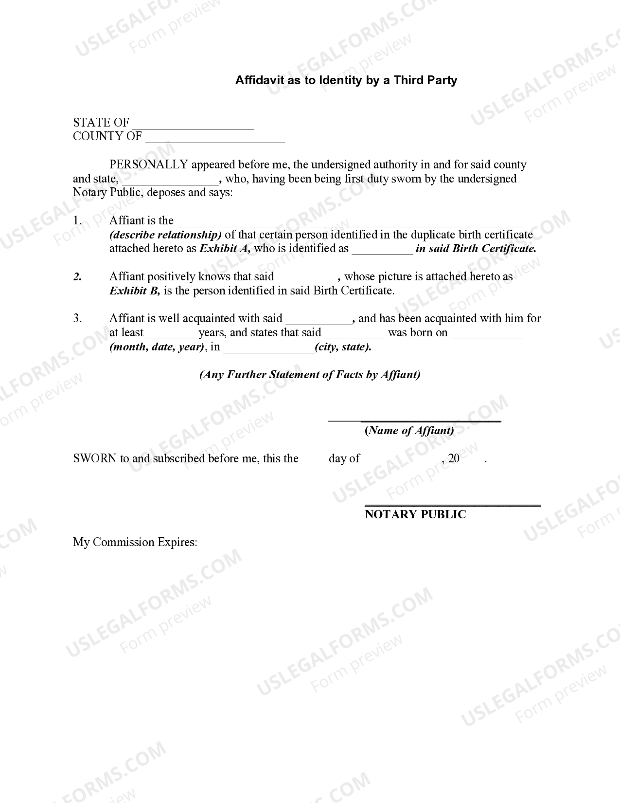 Affidavit as to Identity by a Third Party - Identity Affidavit Form | US Legal Forms